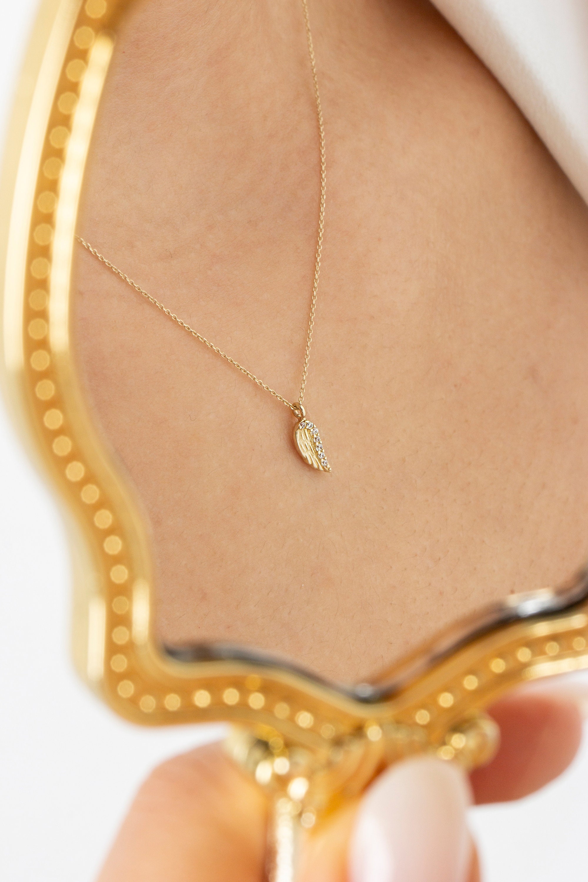 14k Solid Gold Angel Wing Necklace Paved Diamond Angel Wing Pendant ...