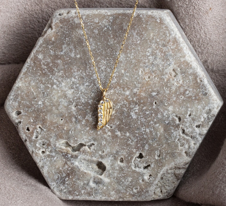14k Solid Gold Angel Wing Necklace Paved Diamond Angel Wing Pendant ...