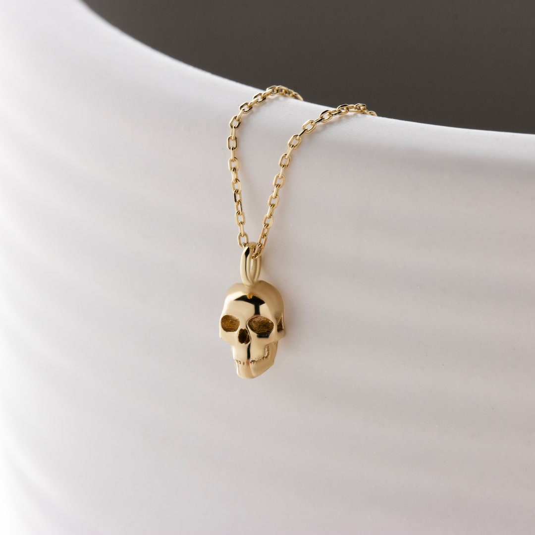 Tiny Skull Necklace • 14K Solid Gold Skull Pendant • Dainty Skeleton ...