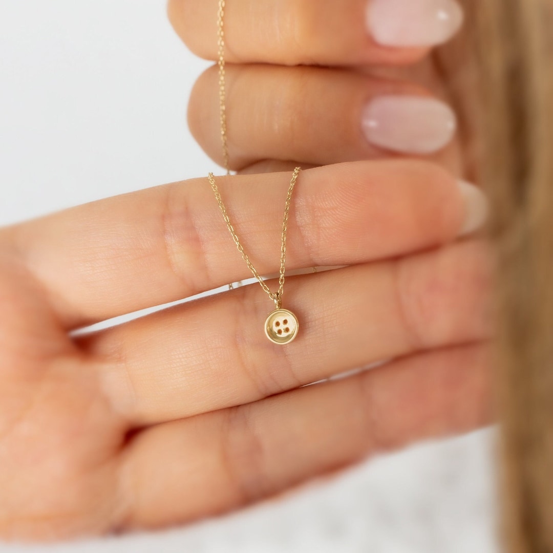 14k Solid Gold Button Necklace • Tiny Button Pendant • Cute Button ...