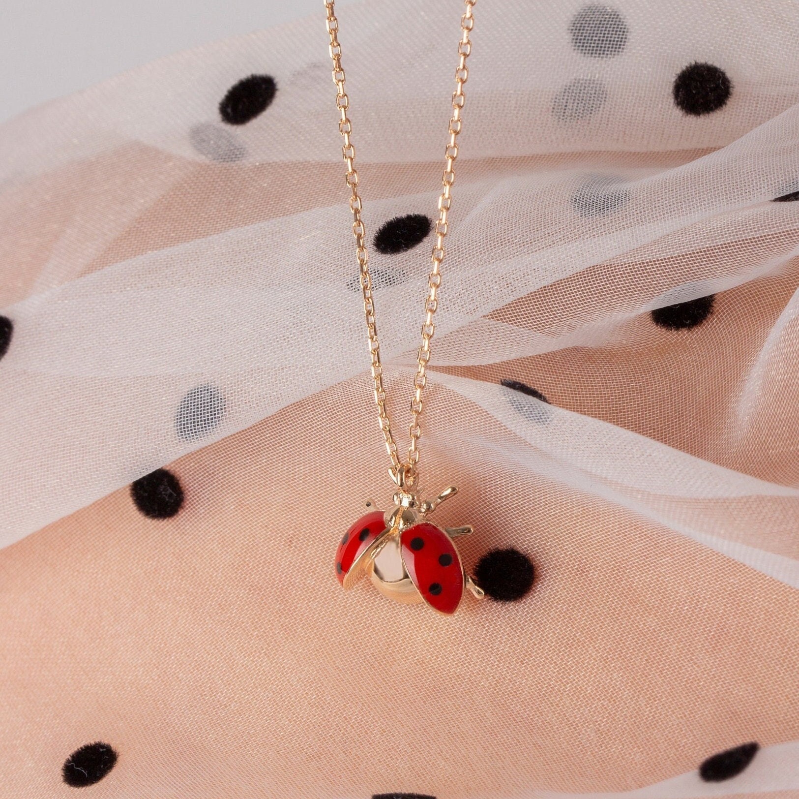 14k Gold Ladybug Necklace • Solid Gold Lady Bug Pendant • Good Luck ...