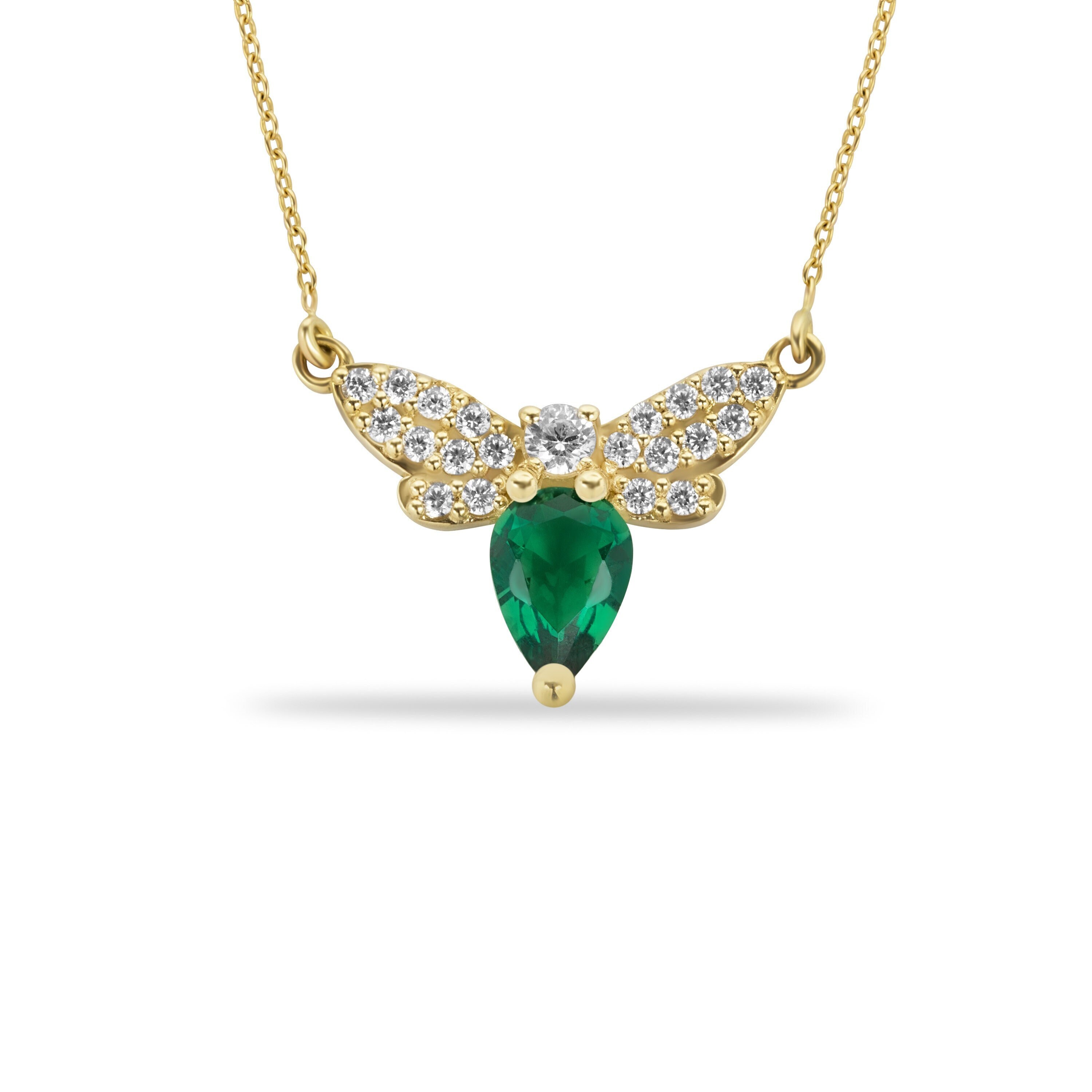 14K Gold Angel Necklace Solid Gold Angel Necklace With Emerald Diamond ...