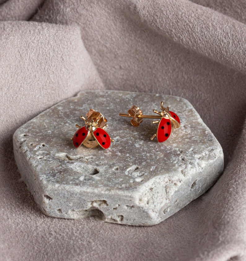 Ladybug Earrings in 14K Gold • Cute Ladybird Earrings • Solid Gold ...