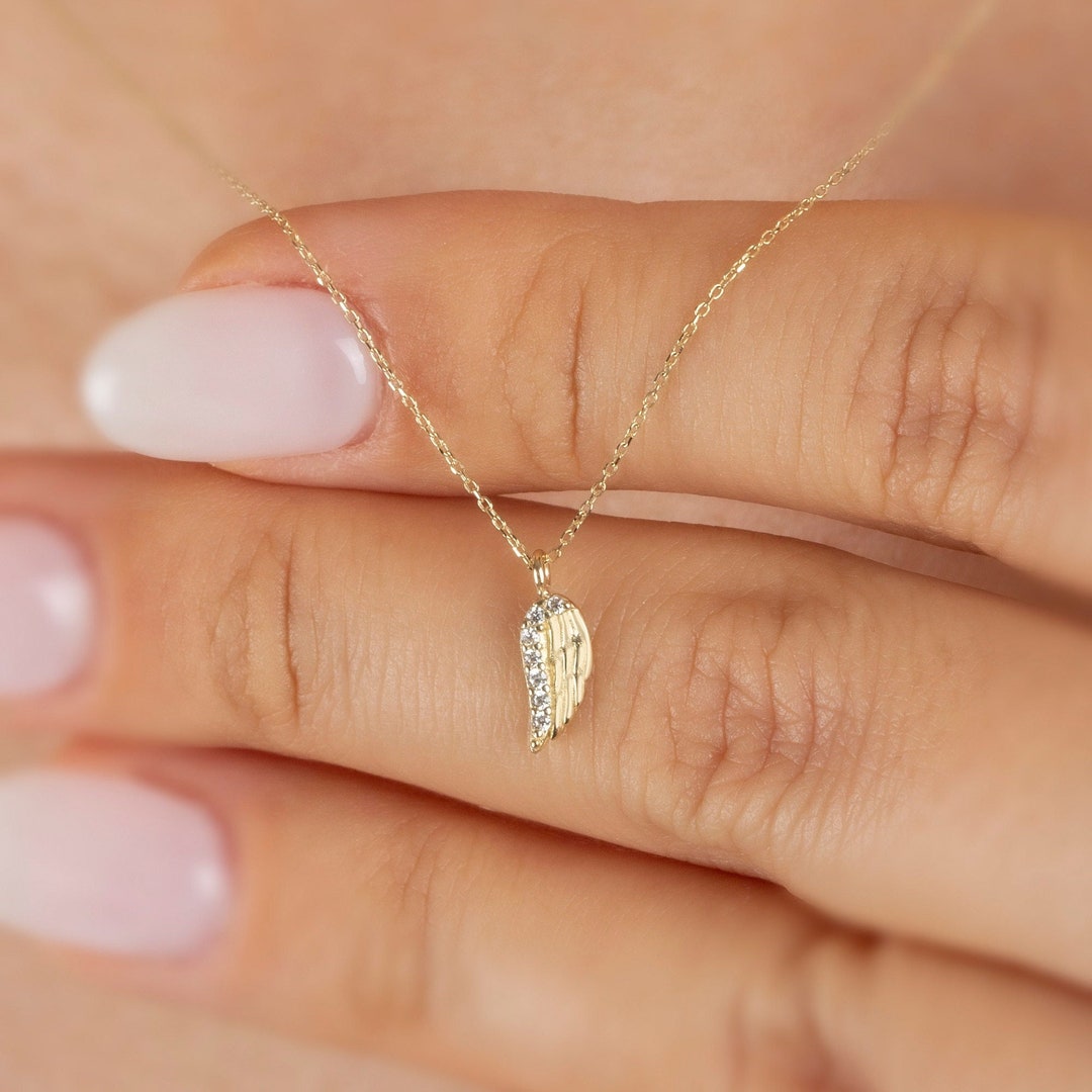 14k Solid Gold Angel Wing Necklace • Paved Diamond Angel Wing Pendant ...