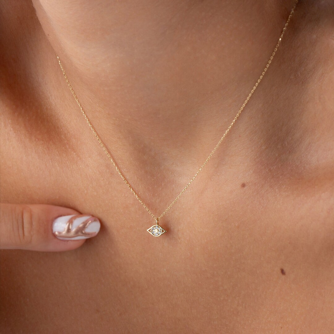 Pave Evil Eye Charm Necklace in Gold • Diamond Evil Eye Pendant • 14K ...