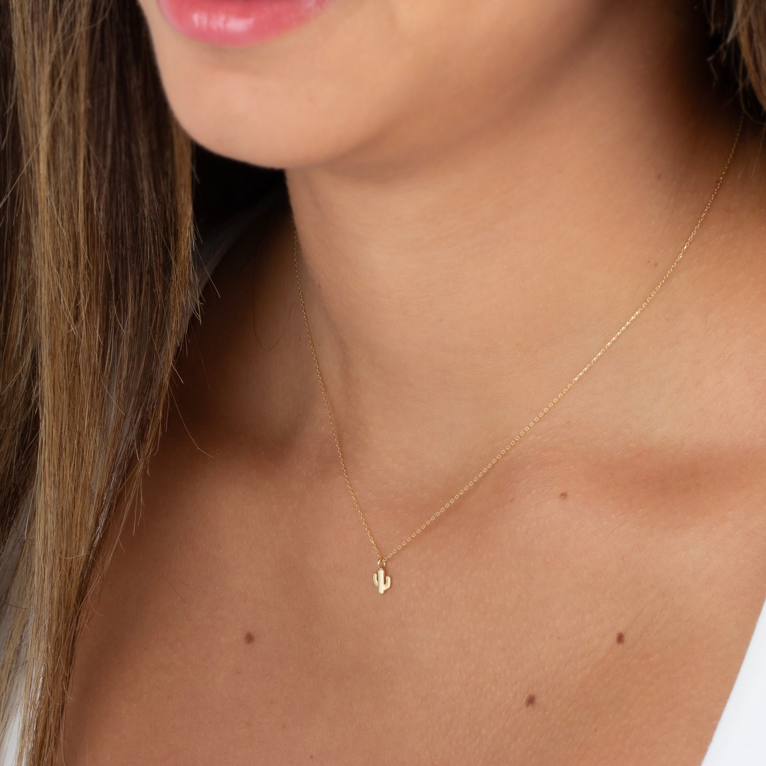 14k Gold Cactus Necklace Dainty Desert Charm Necklace Solid Gold ...