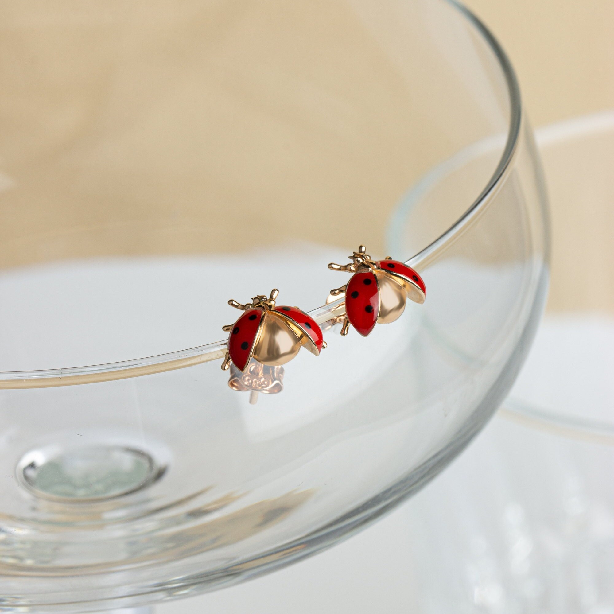 Ladybug Earrings in 14K Gold • Cute Ladybird Earrings • Solid Gold ...