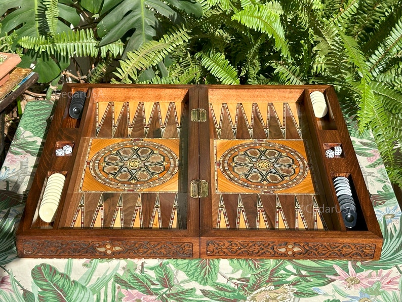 Luxurious 21"x21" Olive Wood Backgammon Set With Real Pearl Inlays - Etsy