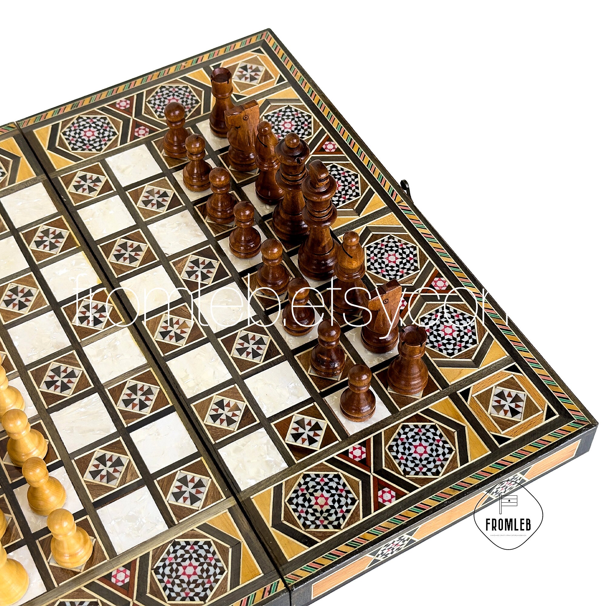 Lebanese Handmade Backgammon and Chess Set With Mother of Pearl Inlays ...