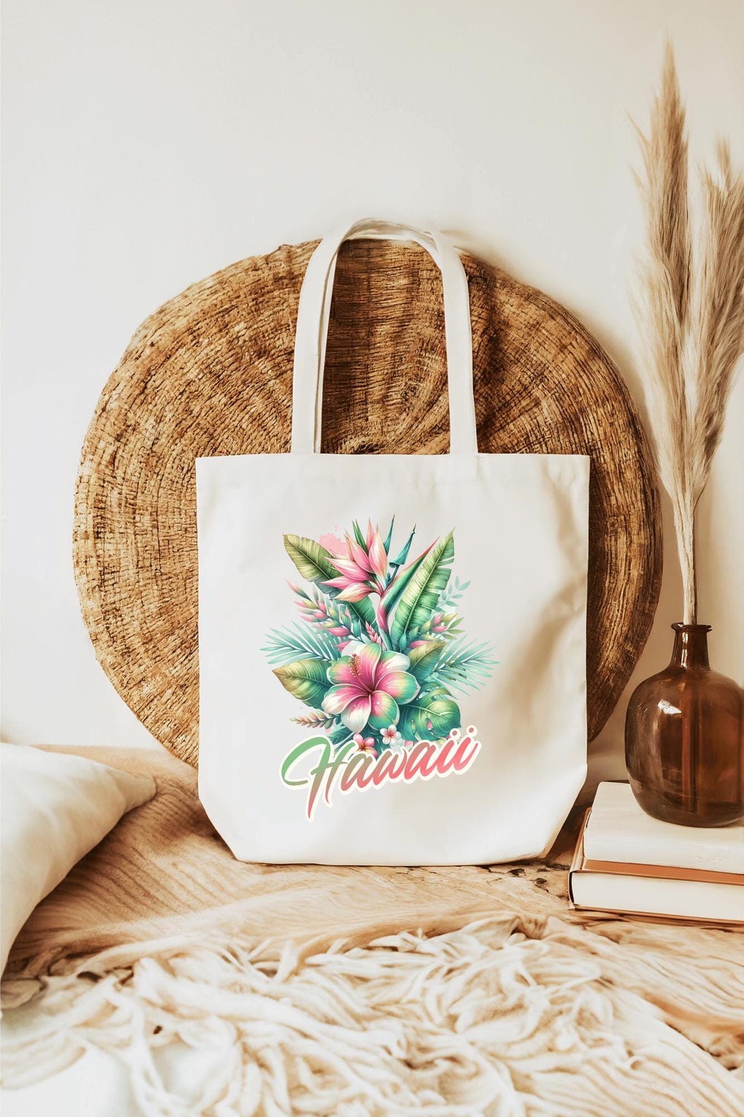 Hawaii Tote Bag, Tropical Floral, 100% Cotton Canvas Tote Bag, 15x16 ...