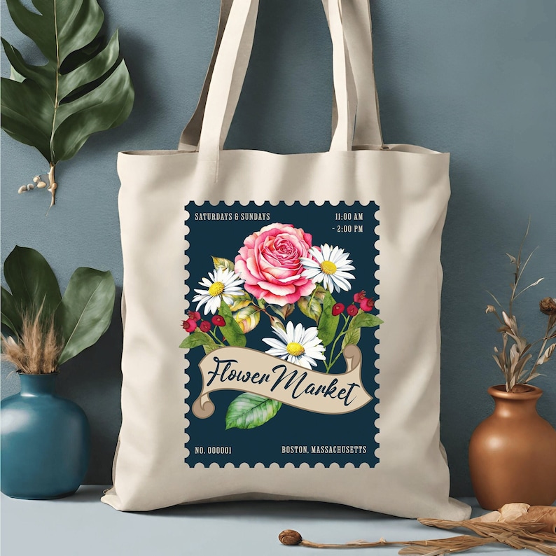 Flower Market Tote, Floral Postage Stamp Graphic, 100% Cotton Canvas ...
