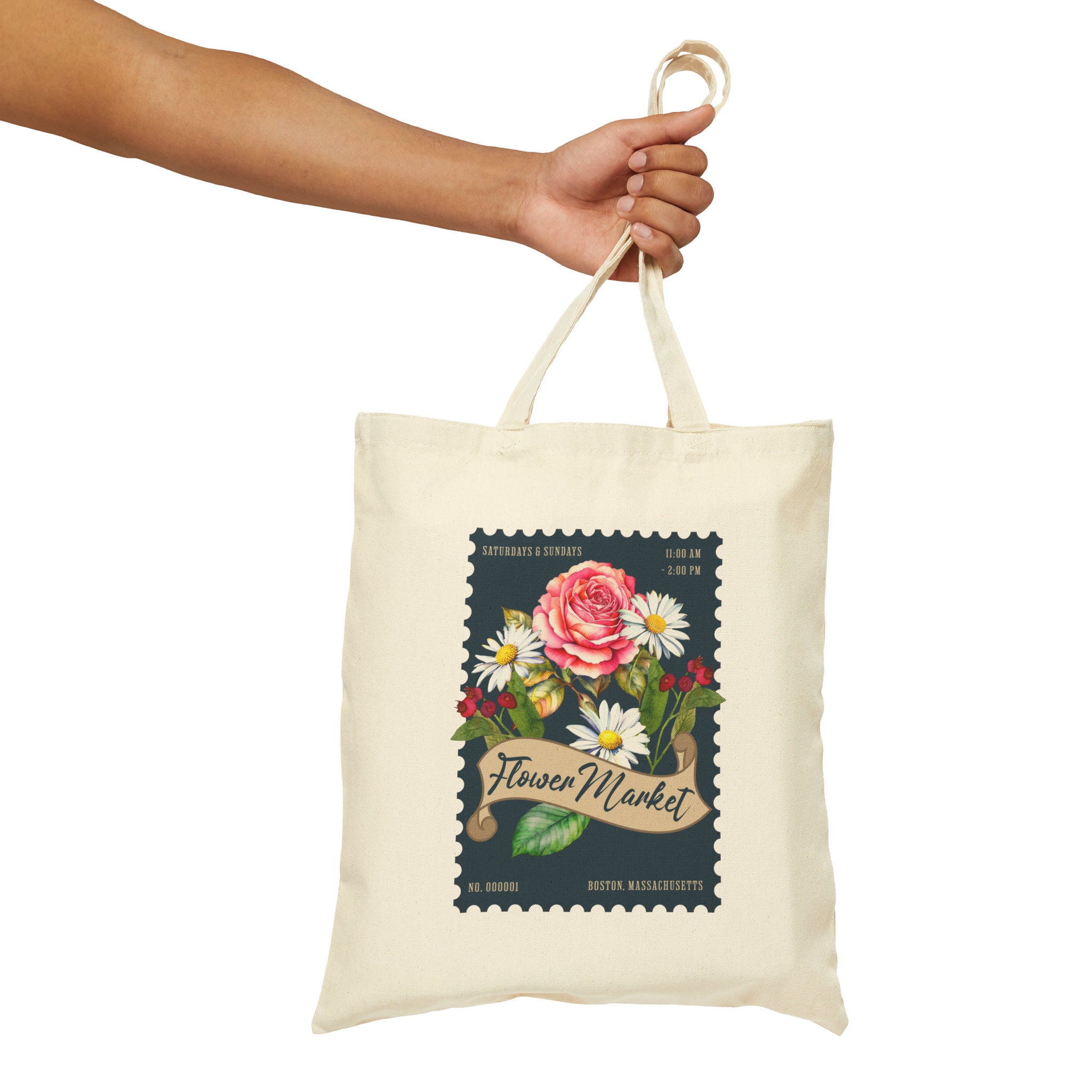 Flower Market Tote, Floral Postage Stamp Graphic, 100% Cotton Canvas ...