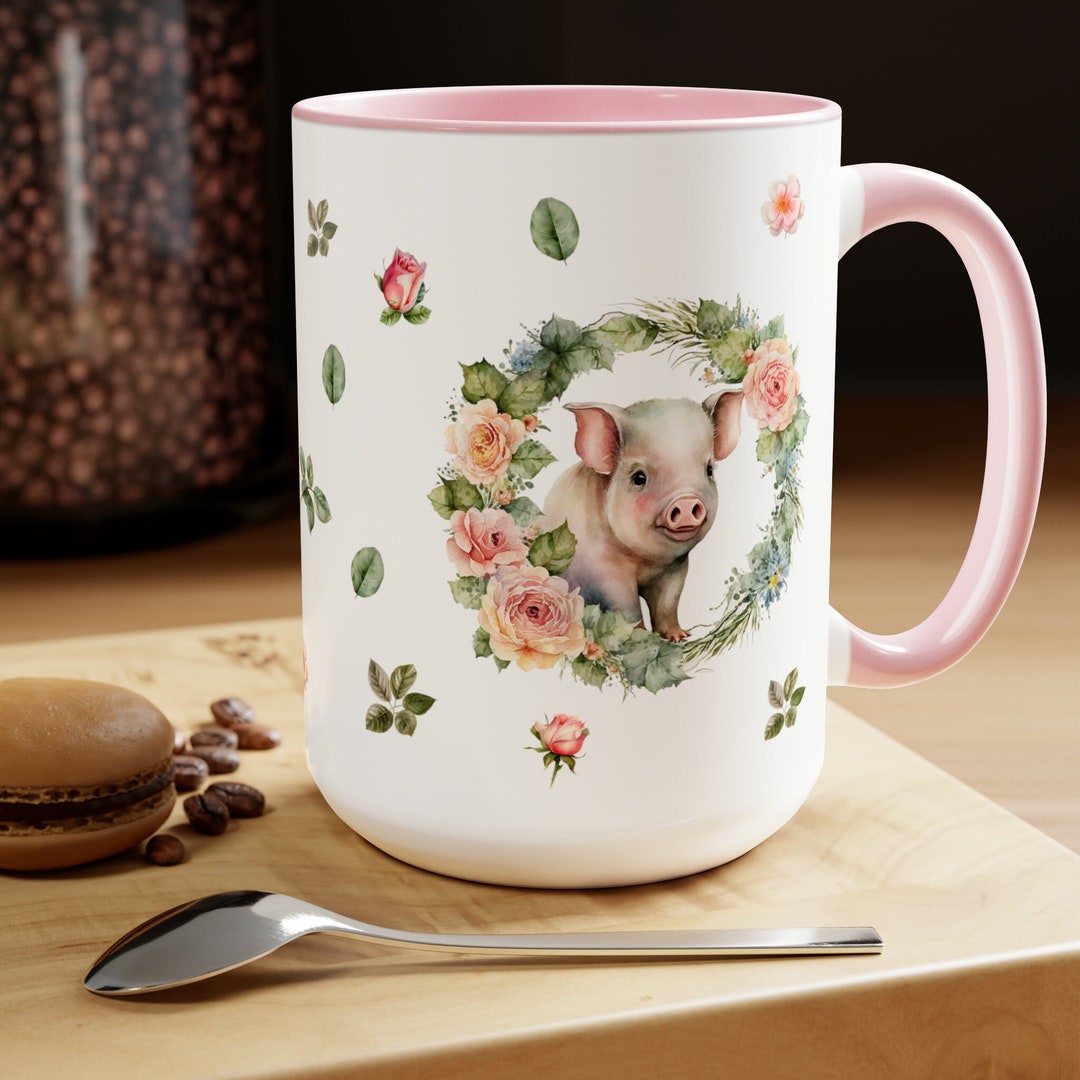 Baby Pig Coffee Mug, Cute Piggy & Flowers Mug, Two-tone Cermic Coffee ...