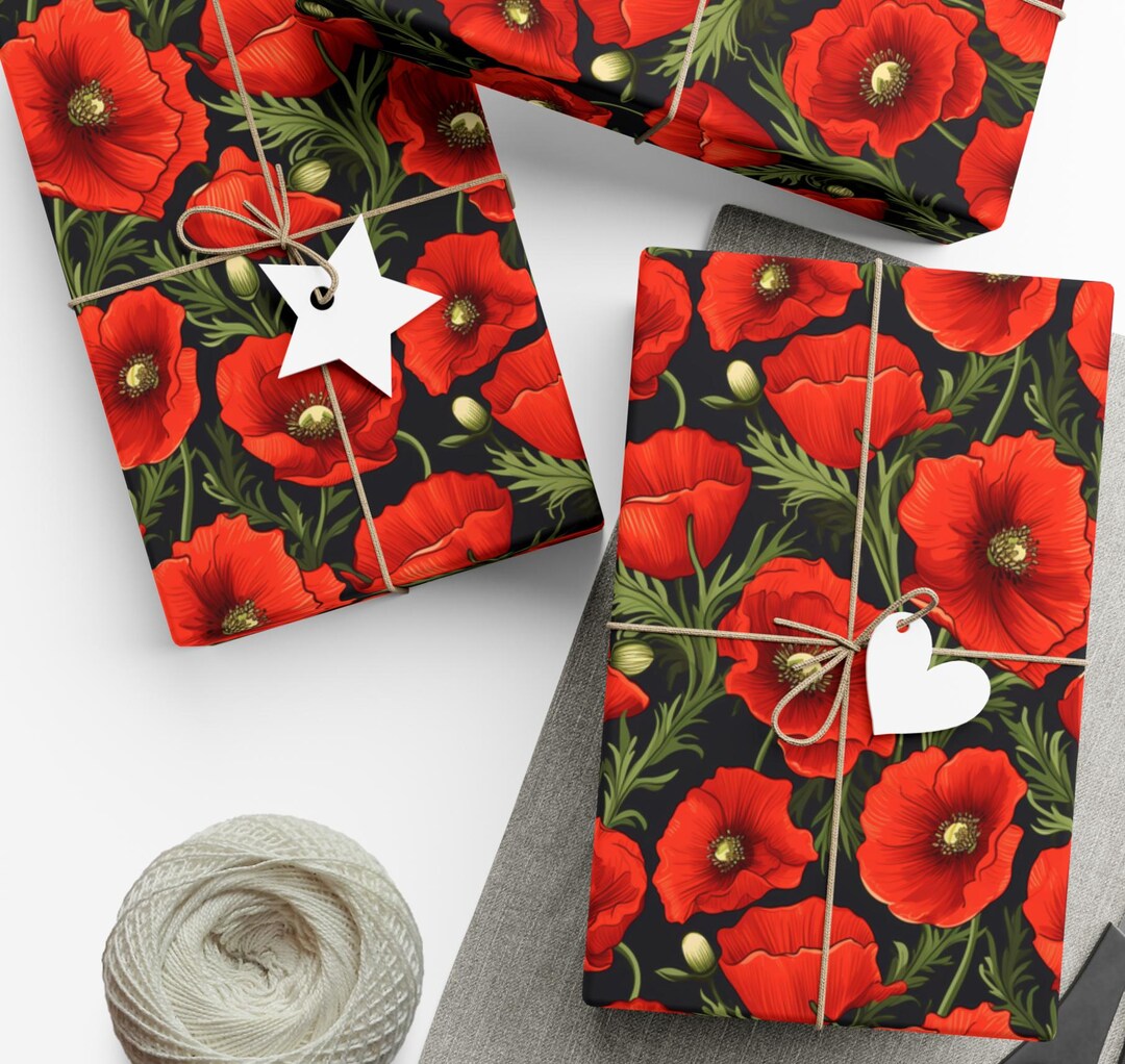 Red Poppies Floral Gift Wrap, Eco-friendly Wrapping Paper, Matte Finish ...