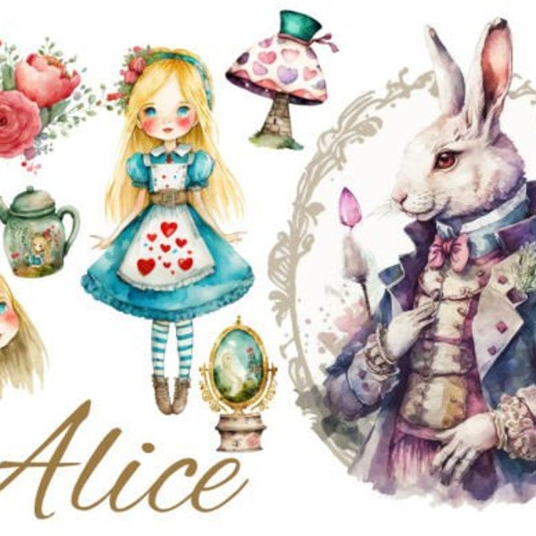 Alice in Wonderland Watercolor Clipart - Etsy