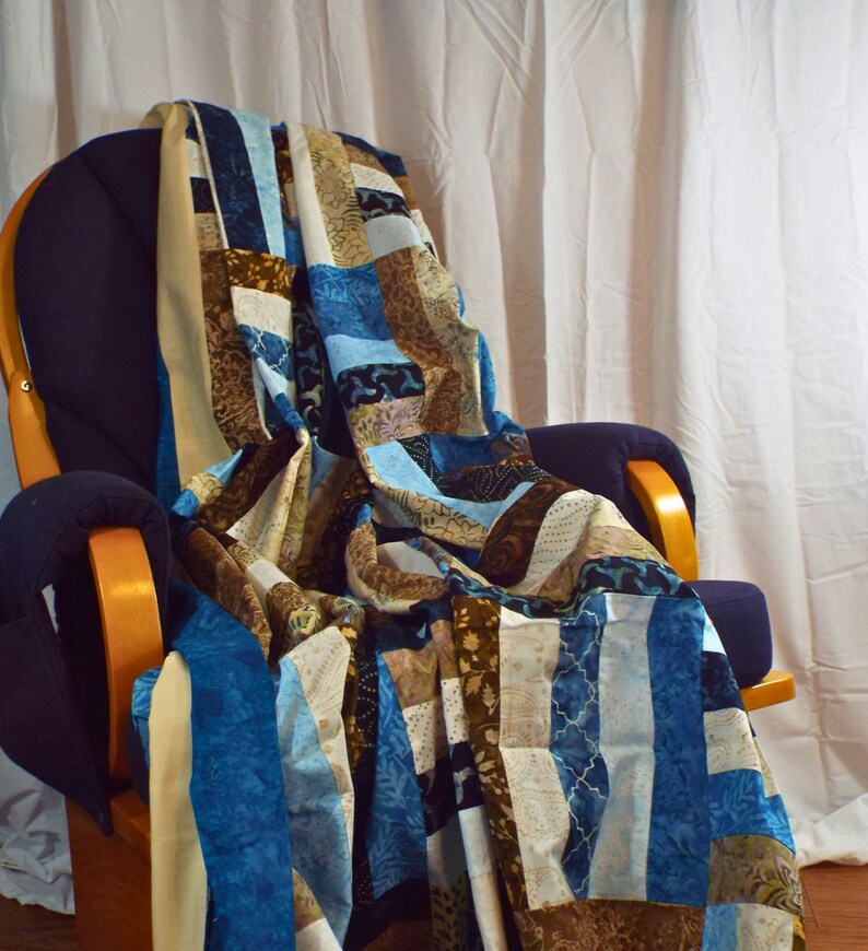 Queen Sized Batik Quilt in Blue, Tan, Brown, and Cream - Colors of the ...