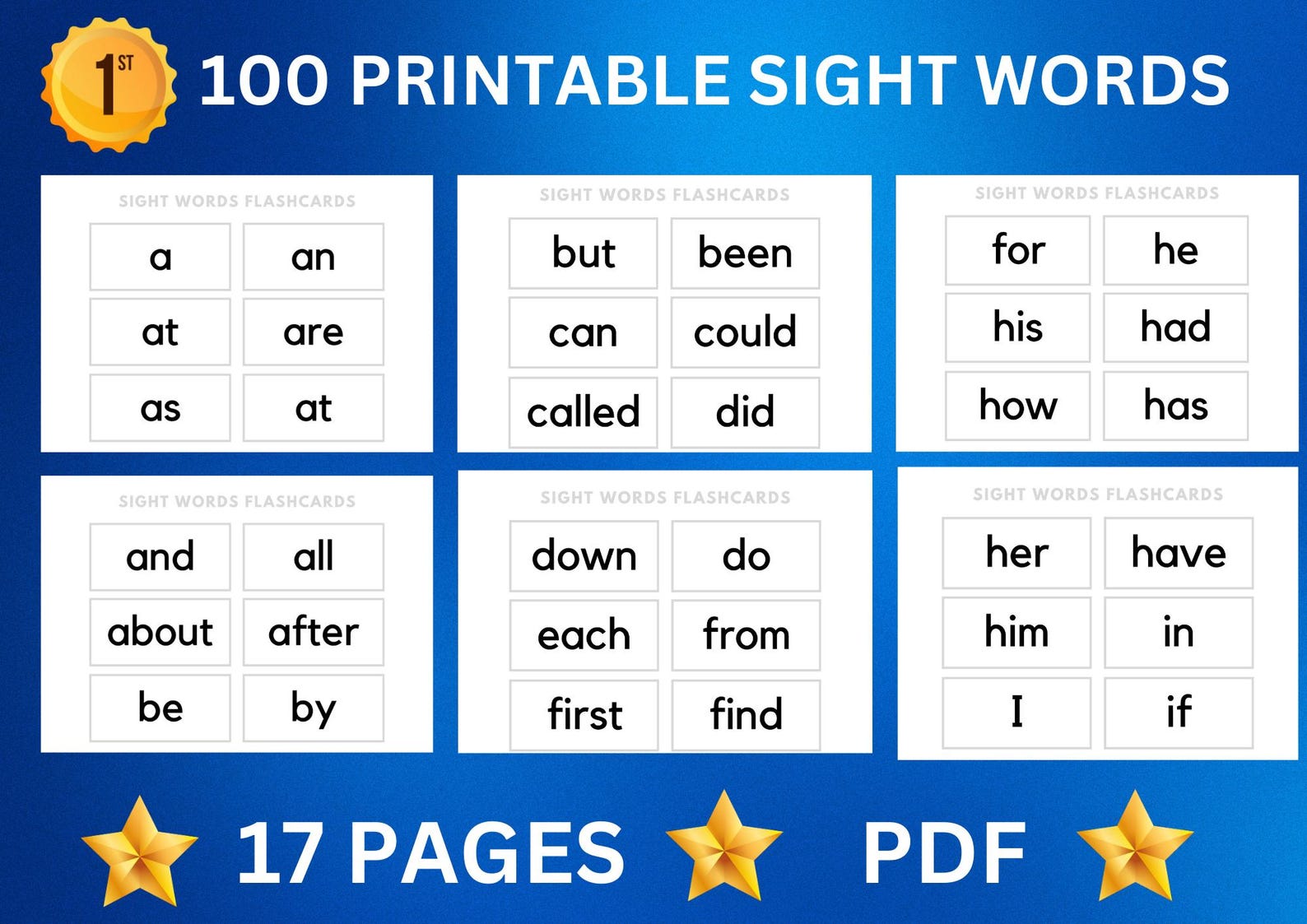 100 Printable Fry's First Hundred Sight Word Flashcards, Kindergarten ...