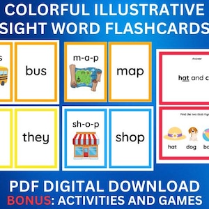 Colorful Illustrative Sight Word Flash Cards Printable PDF, Preschool ...