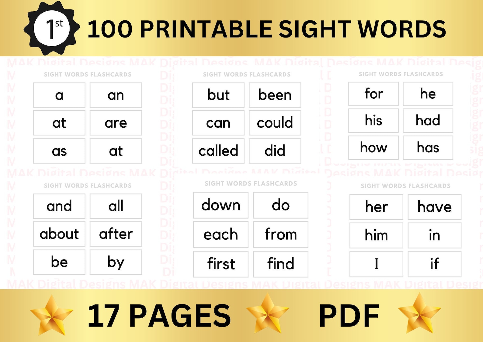 100 Printable Fry's First Hundred Sight Word Flashcards, Kindergarten ...