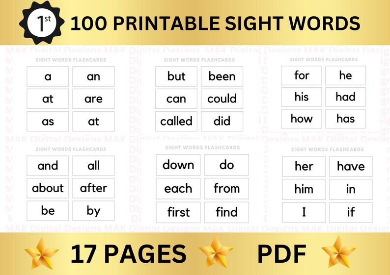 100 Printable Fry's First Hundred Sight Word Flashcards, Kindergarten ...