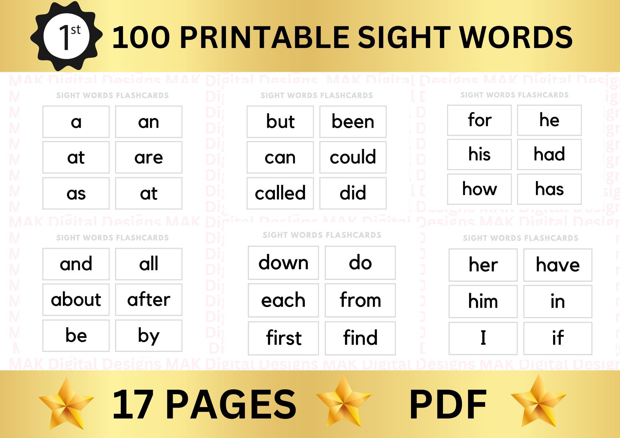 100 Printable Fry's First Hundred Sight Word Flashcards, Kindergarten ...