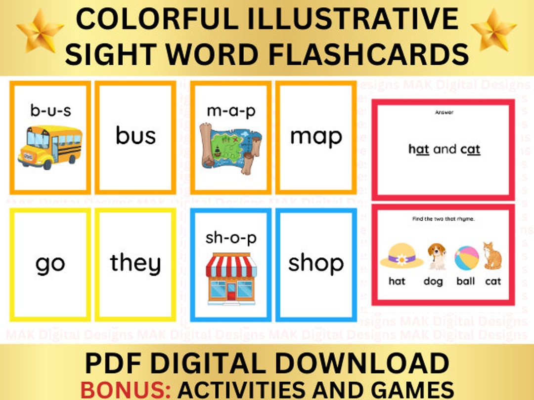 Colorful Illustrative Sight Word Flash Cards Printable PDF, Preschool ...
