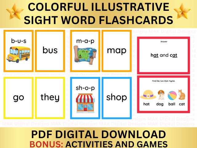 Colorful Illustrative Sight Word Flash Cards Printable PDF, Preschool ...