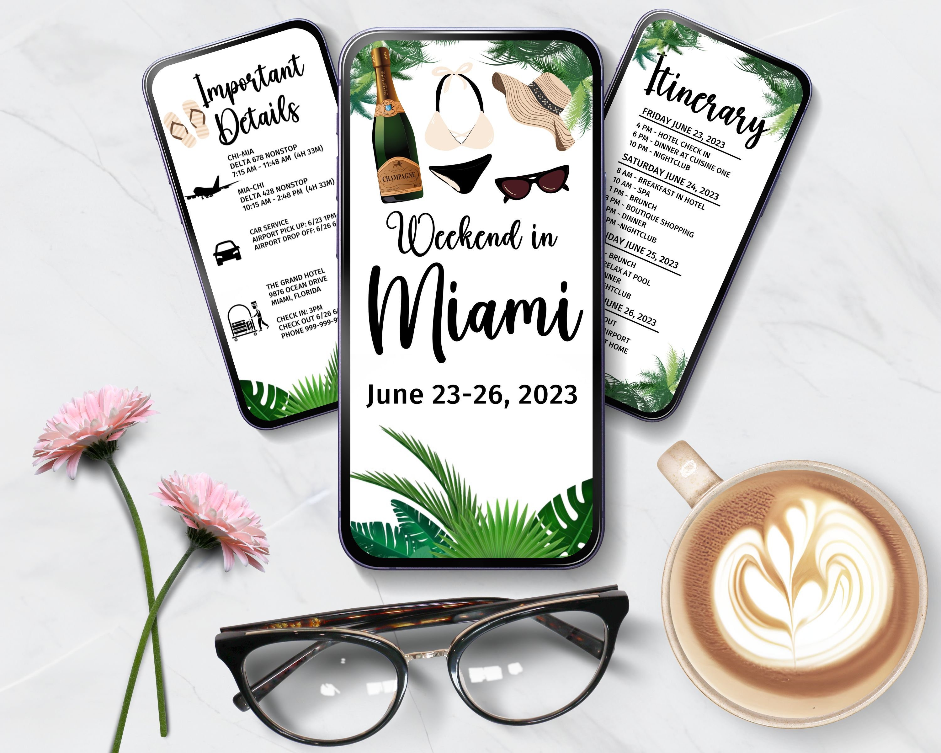 Miami Vaca| Travel Itinerary Template Mobile| Digital Itinerary| Mobile ...