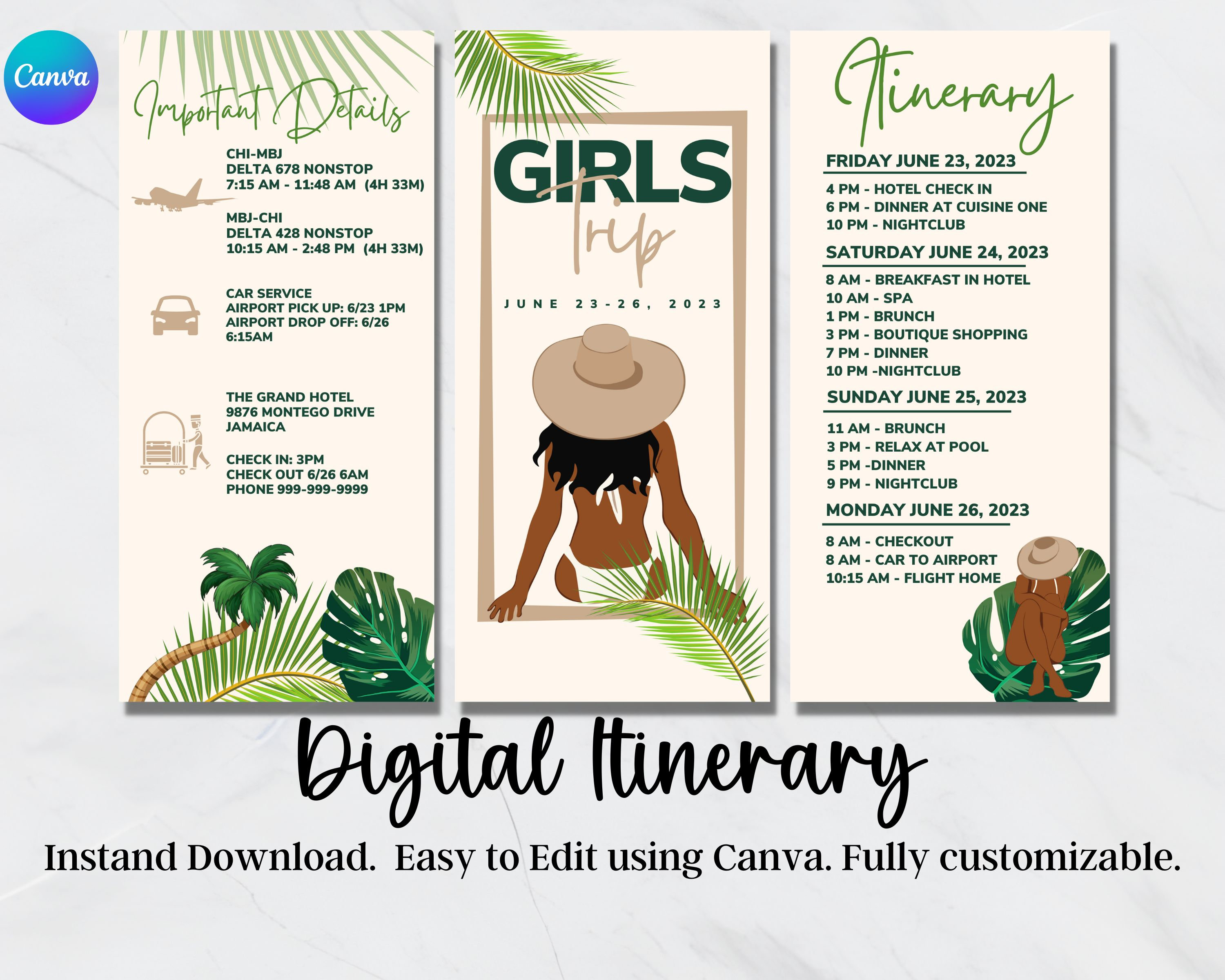 GIRLS TRIP| Travel Itinerary Template Mobile| Digital Itinerary| Mobile ...