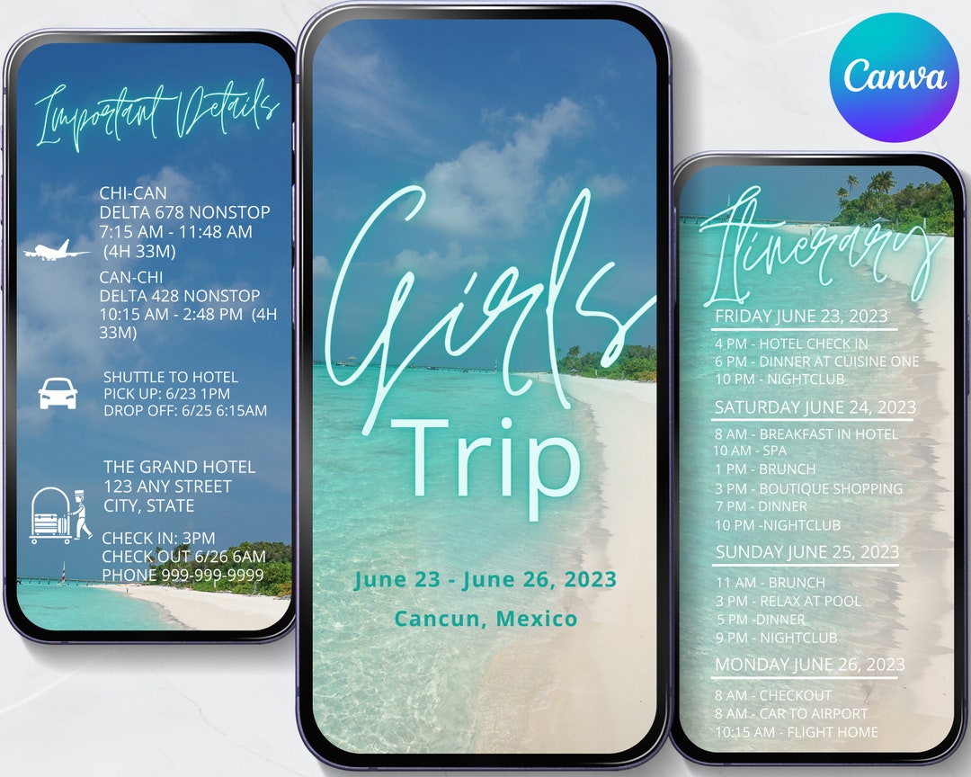 Girls Trip | Travel Itinerary Template Mobile|digital Itinerary|mobile ...