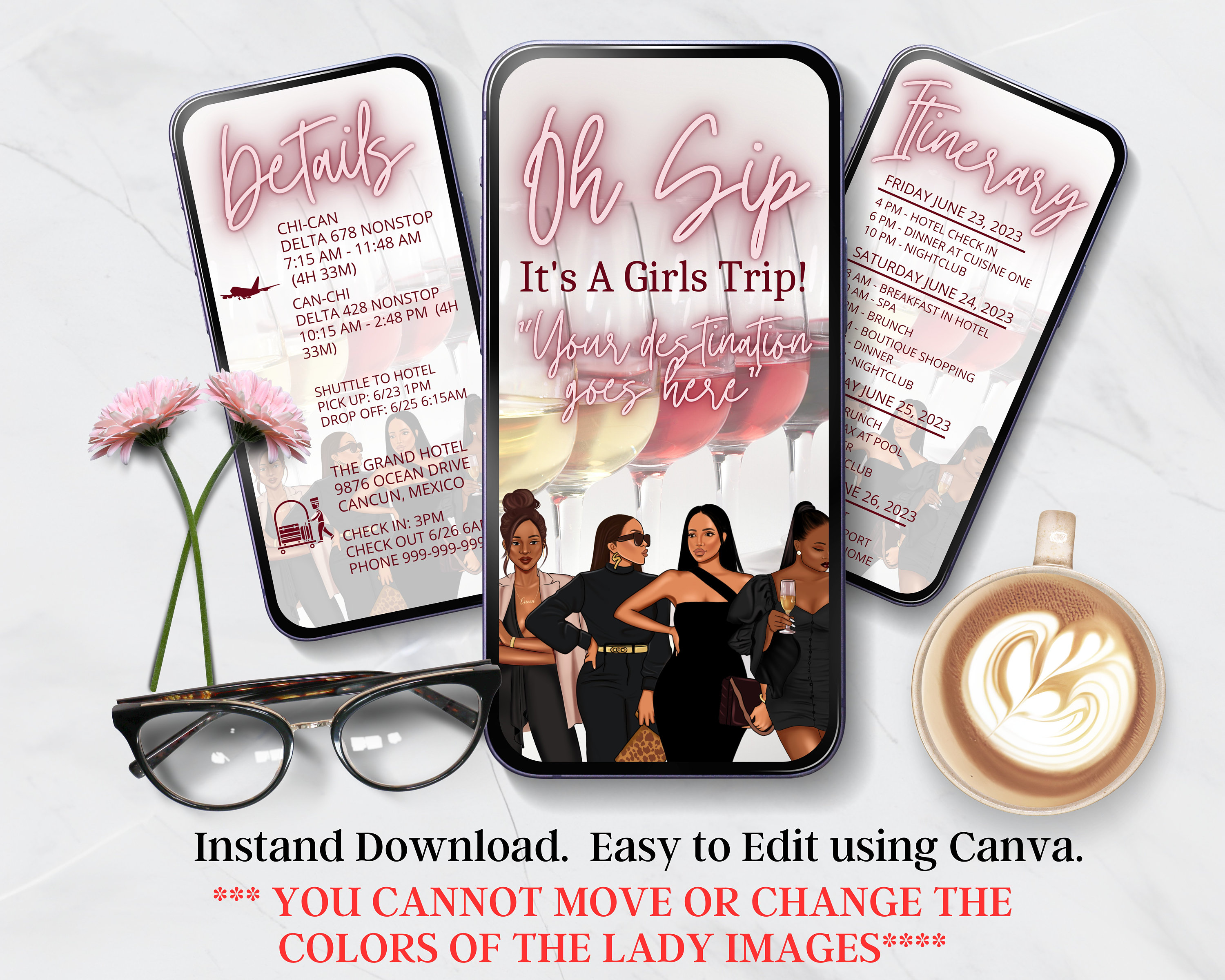 OH SIP It's A Girls Trip Itinerary Mobile Digital Invite Template ...