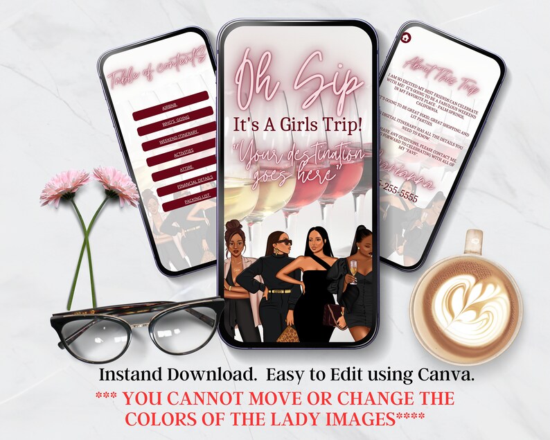 OH SIP It's a Girls Trip Itinerary Hyperlinked Digital Invite Template Digital Travel Itinerary ...