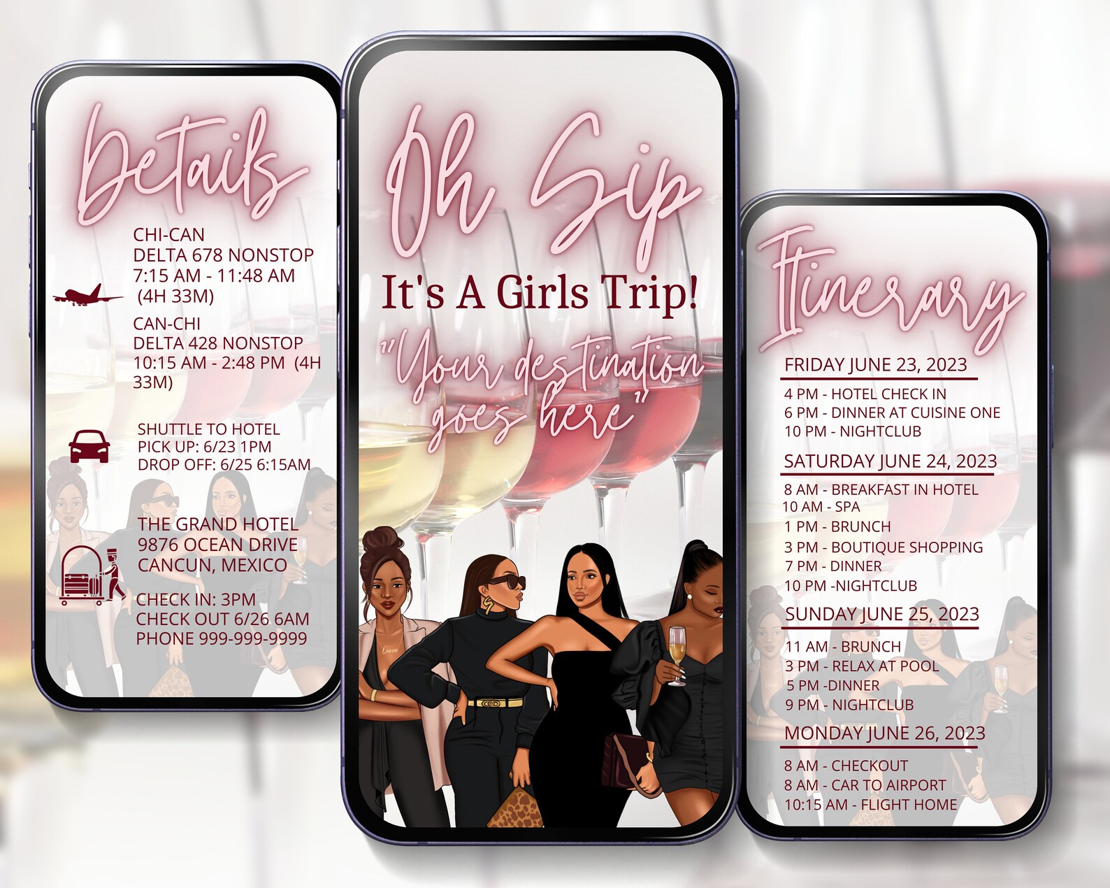 OH SIP It's A Girls Trip Itinerary Mobile Digital Invite Template ...