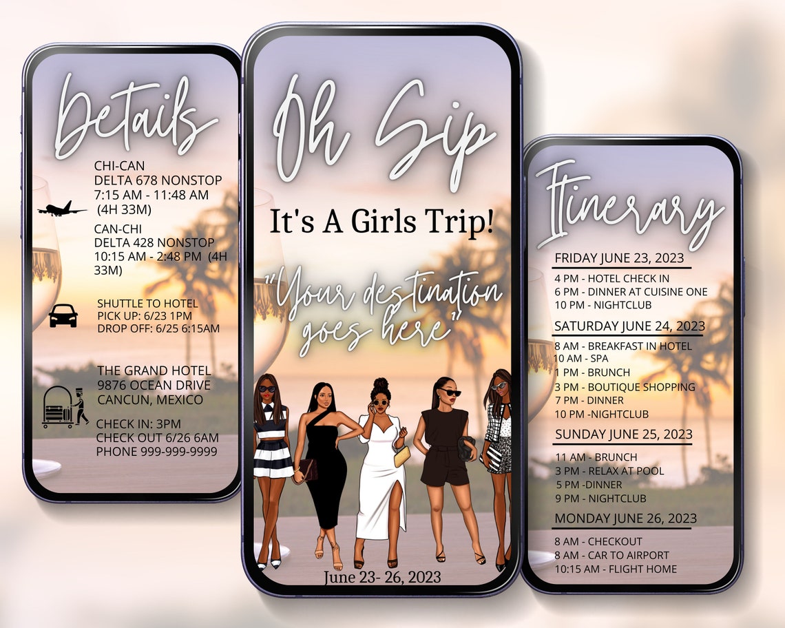GIRLS TRIP Mobile Itinerary Digital Invite Template Digital Itinerary ...