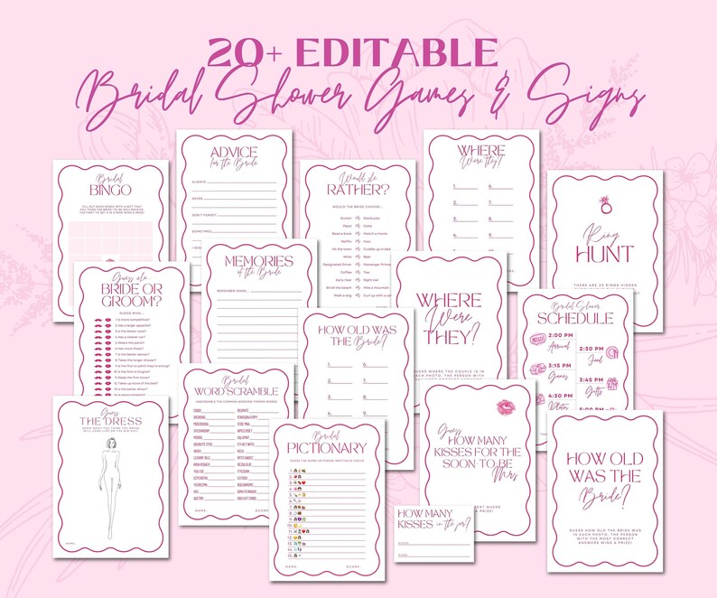 Pink Wavy Bridal Shower Game Bundle | Customizable Editable Canva ...