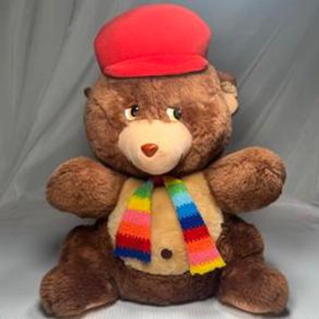 RARE Vintage 1981 Toys Happiness Aid Plush Bear Brown Rainbow Scarf Red ...