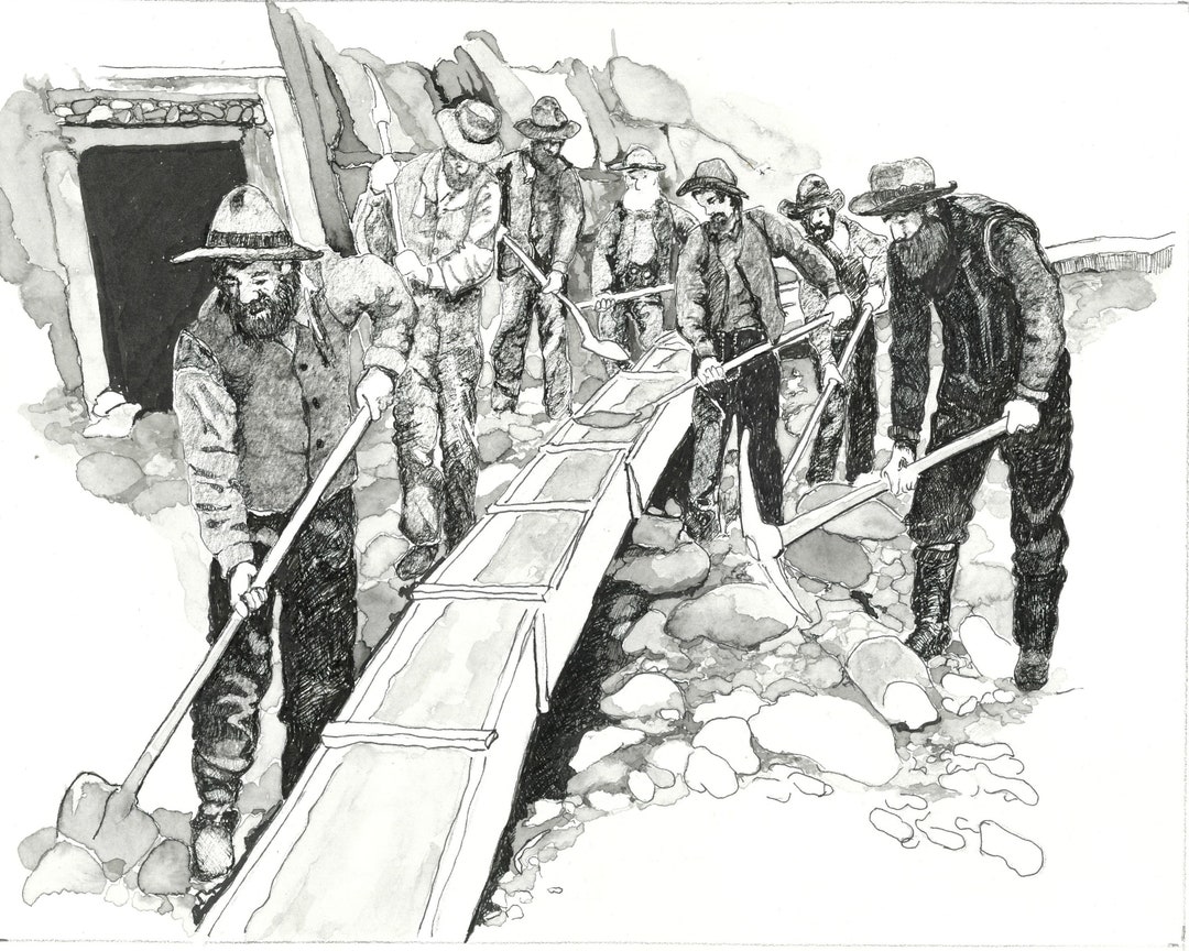 Placer Miners Mining Original Pen and Ink Drawing Art Print Comstock ...