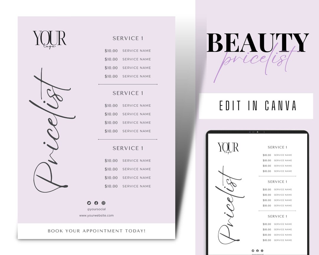 Luxury Price List | Beauty Price List | Lilac Price List Template ...