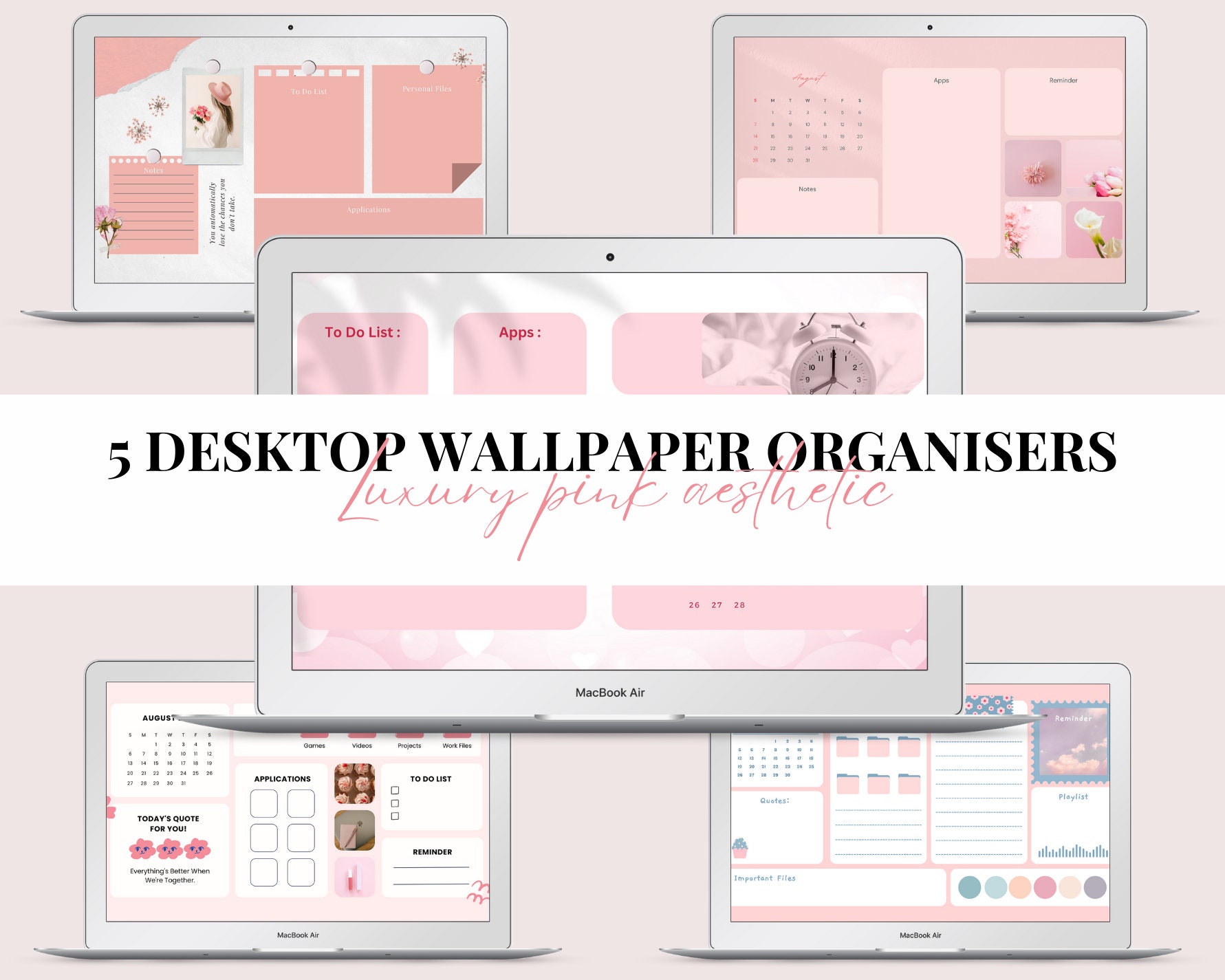 Pink Aesthetic Desktop Wallpaper Organizer | Canva Template - Etsy