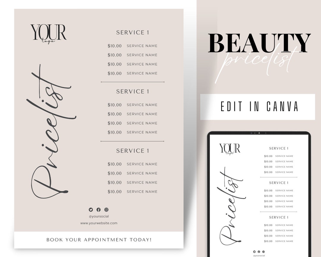 Luxury Price List | Beauty Price List | Neutral Price List Template ...