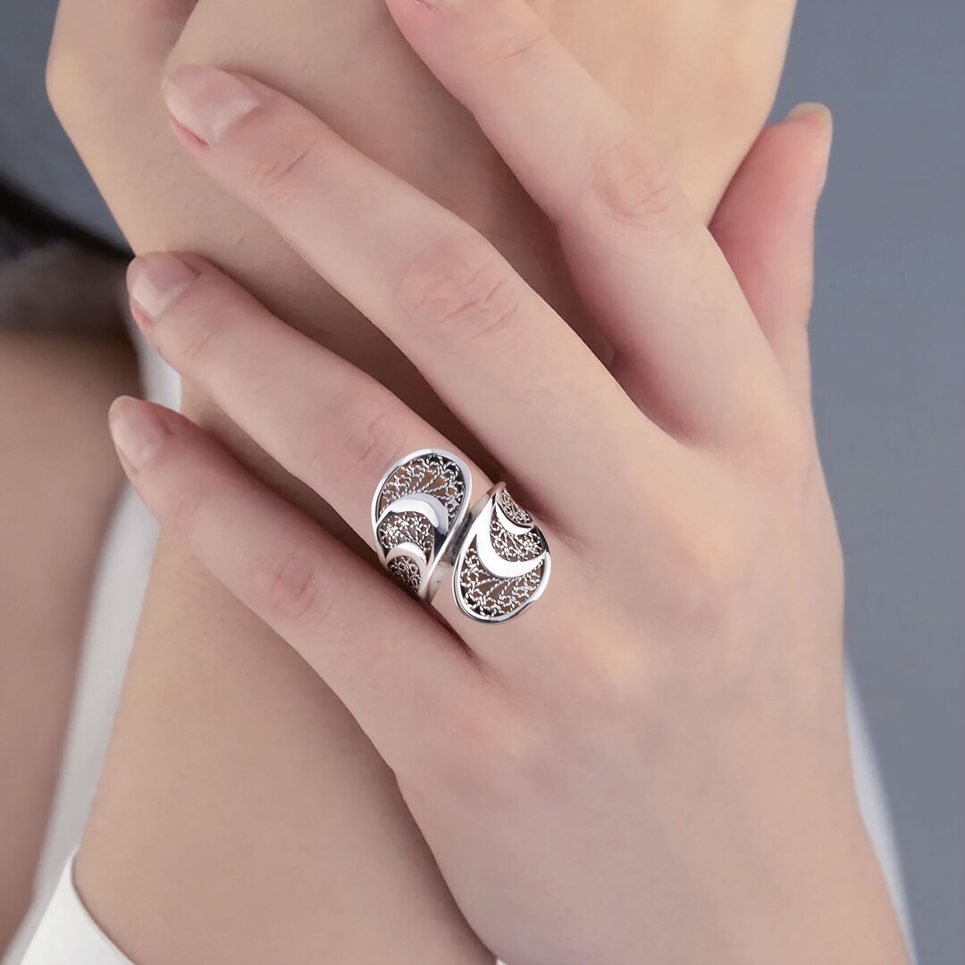 Sterling Silver Filigree Double Drop Bypass Women Cocktail Ring, Lace ...