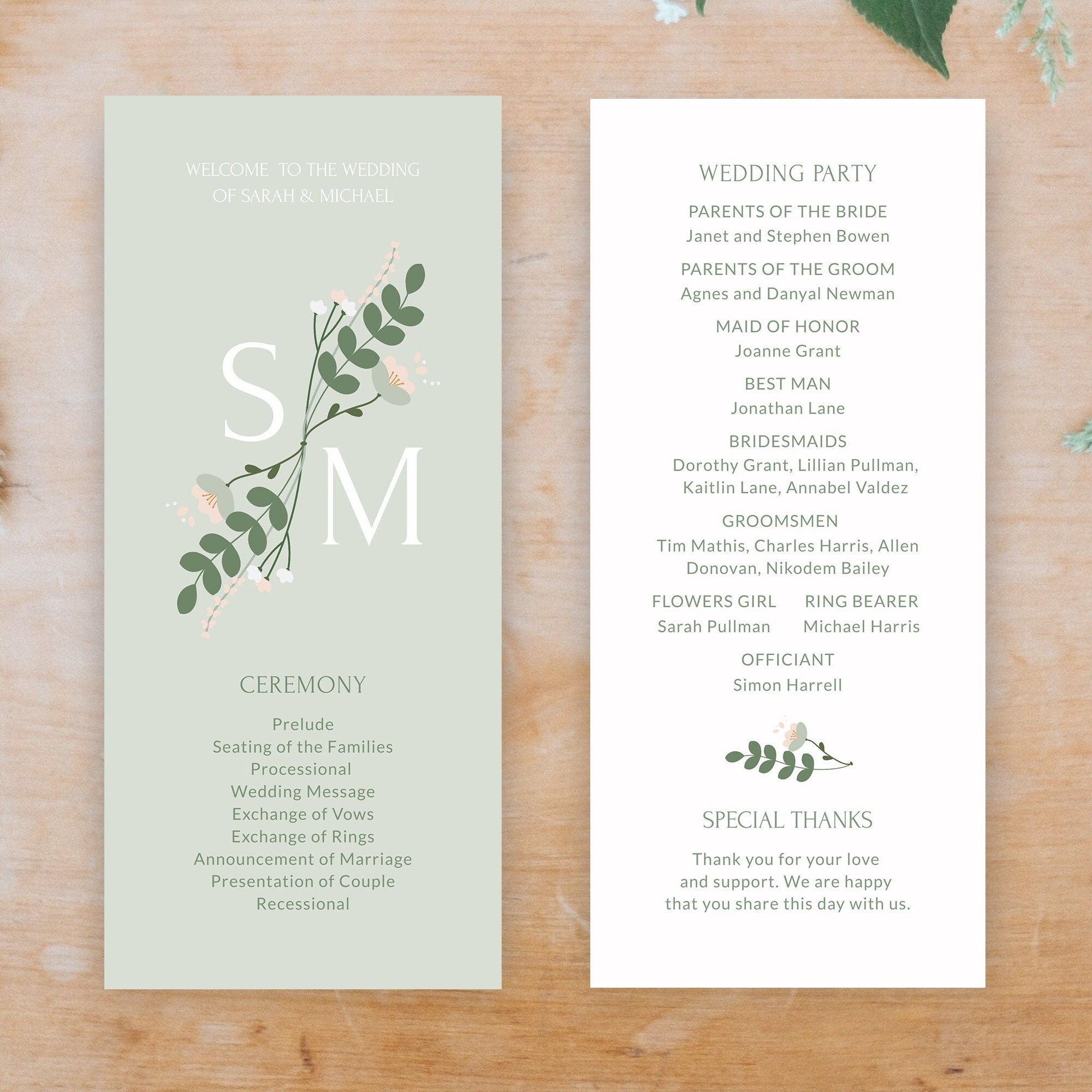 Sage Green Wedding Program Template | Download Wedding Ceremony Program - Etsy