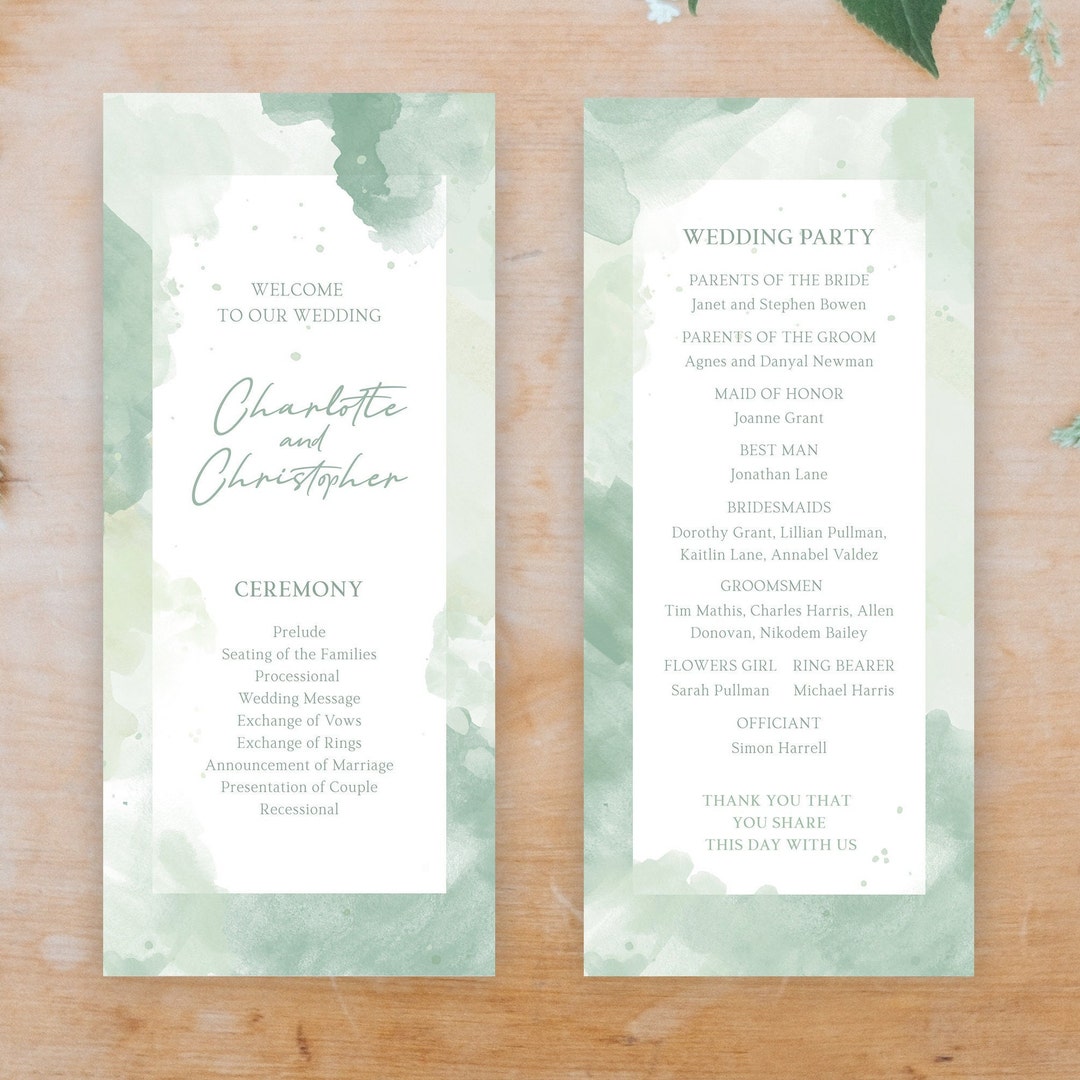 Sage Green Wedding Program Template With Watercolor Art Editable ...