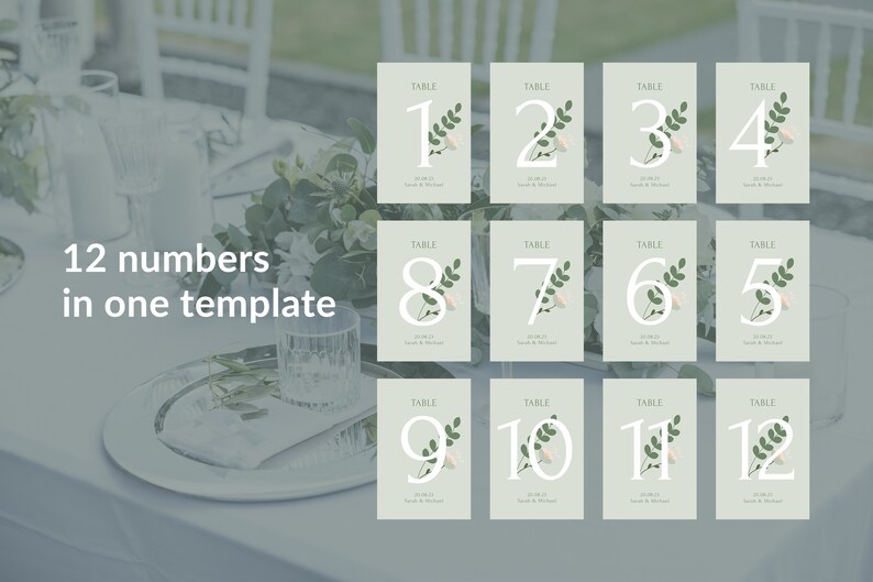 Sage Green Wedding Table Numbers Template | Editable Wedding Stationary ...