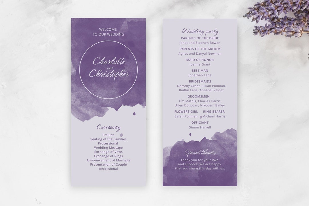 Lavender Wedding Program Template | Editable Wedding Ceremony Program ...