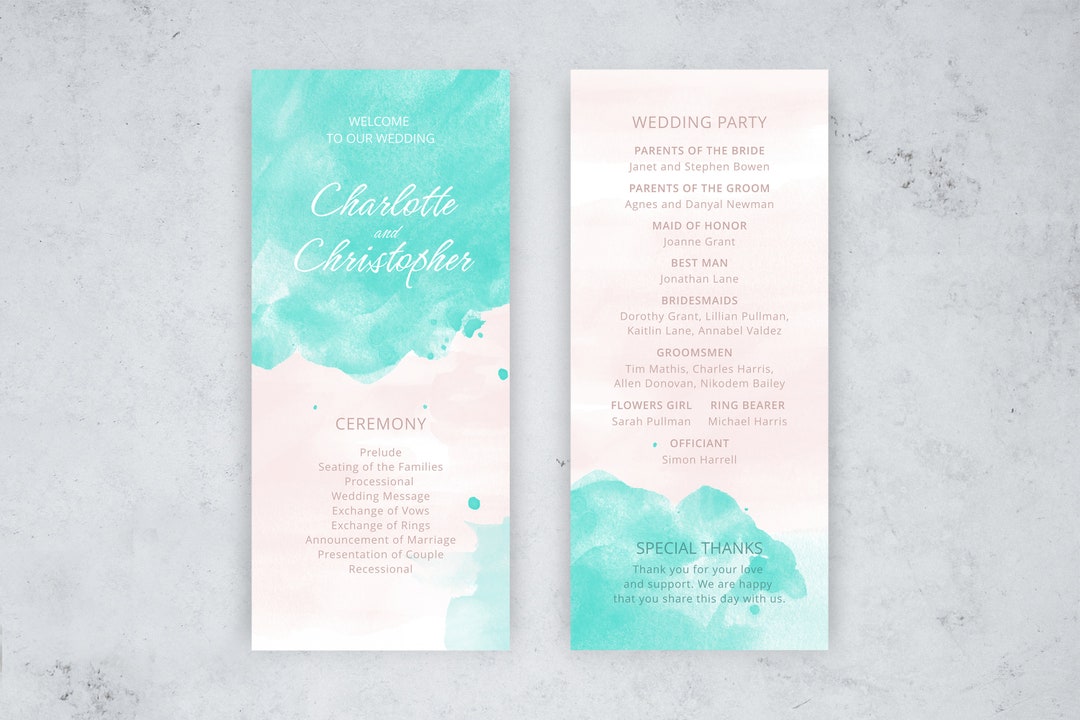 Wedding Program Template for Instant Download | Turquoise Watercolor ...