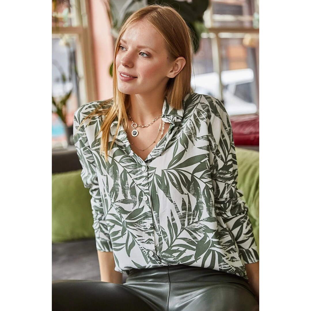 Palm Pattern Woven Viscose Cuffed Blouse, Floral Pattern Woman Blouse ...