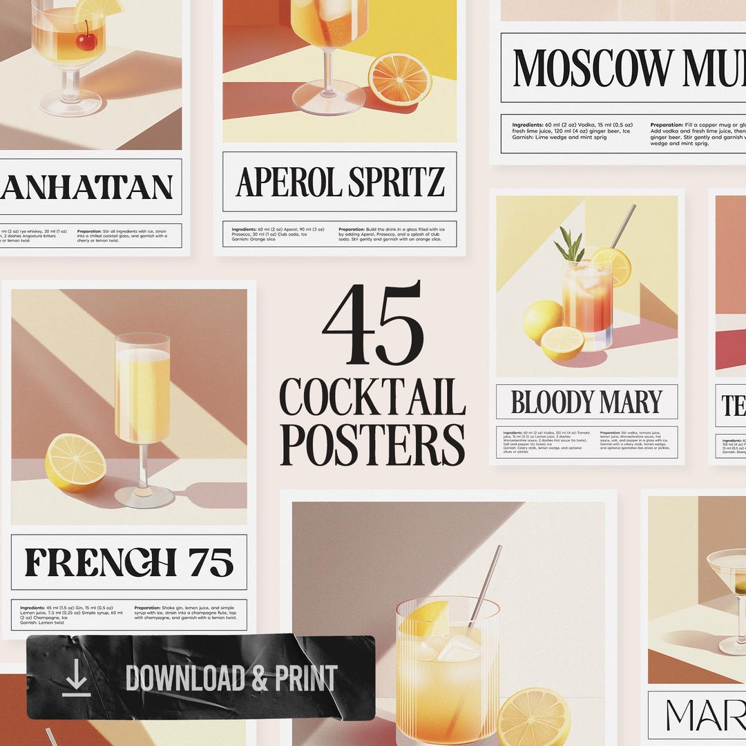 45 Cocktail Posters - Cocktail Posters Bundle, Popular Cocktail Recipes ...
