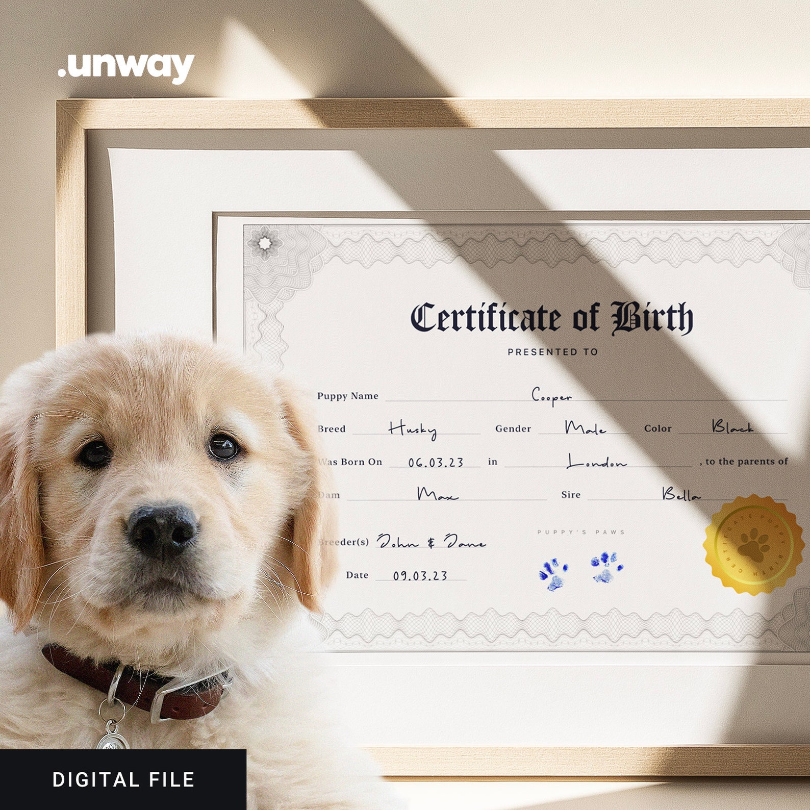 Puppy's Certificate, Puppy Birthday, Puppy's Paws Print, Personalised ...