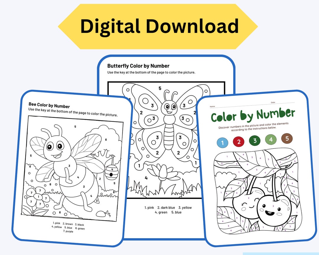 Printable Colouring Sheets, Color by Number Instant Download, 22 Page ...